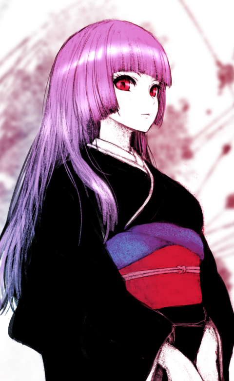 The Big ImageBoard (TBIB) - 1girl abstract background alternate costume black kimono blunt bangs ...