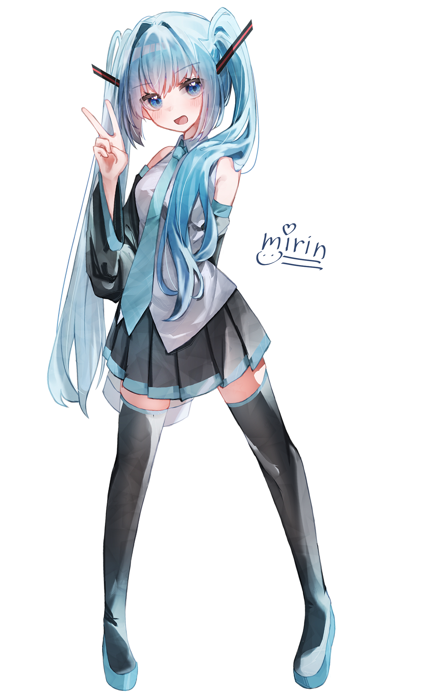 The Big ImageBoard (TBIB) - 1girl aqua hair arm behind back bare shoulders black skirt black ...