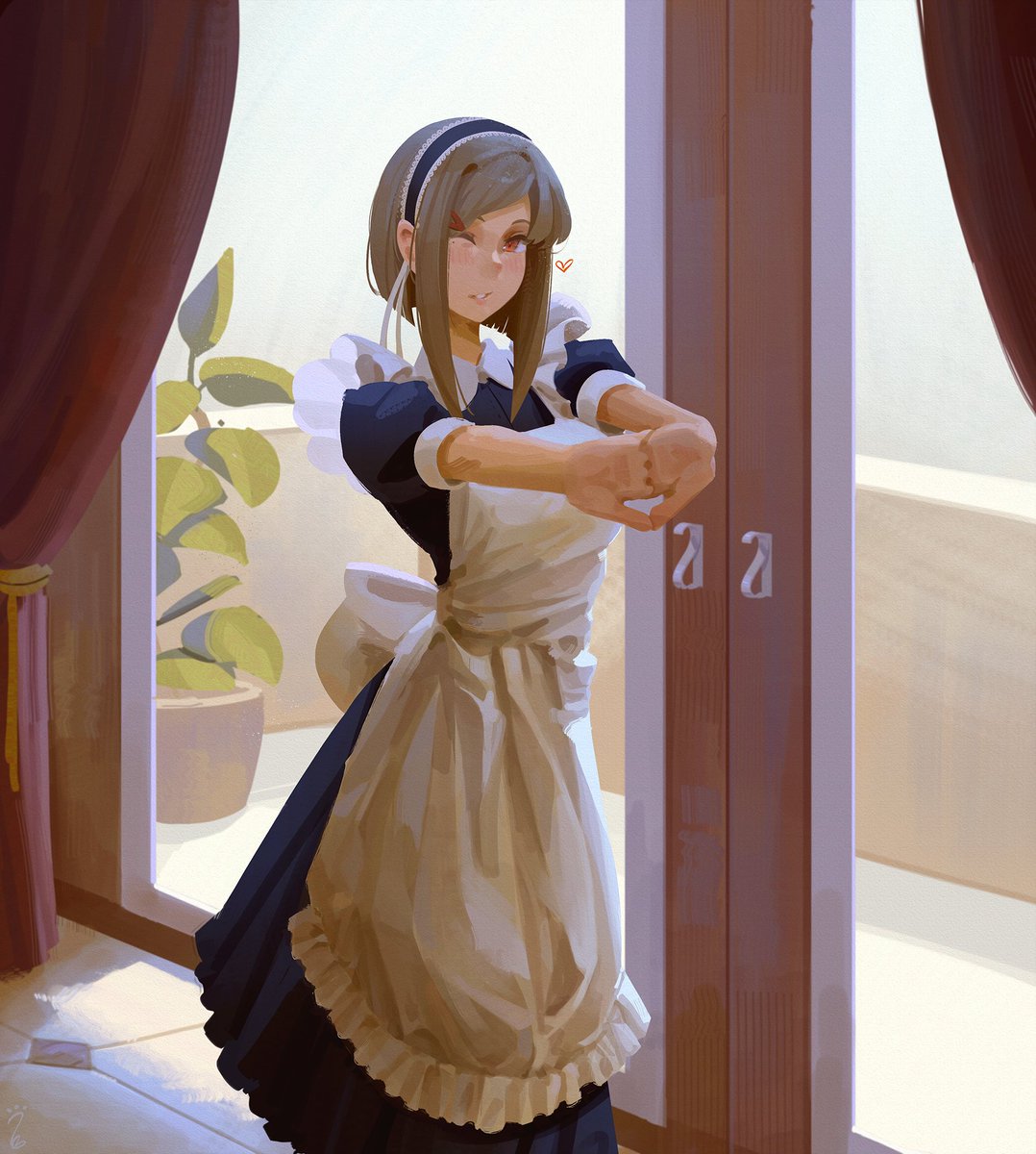 The Big ImageBoard (TBIB) - 1girl apron black dress black hairband brown hair commentary dress ...