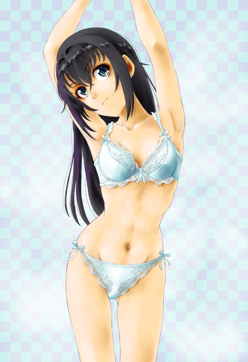 The Big ImageBoard (TBIB) - 1girl armpits arms up ass visible through thighs black hair blue bra ...