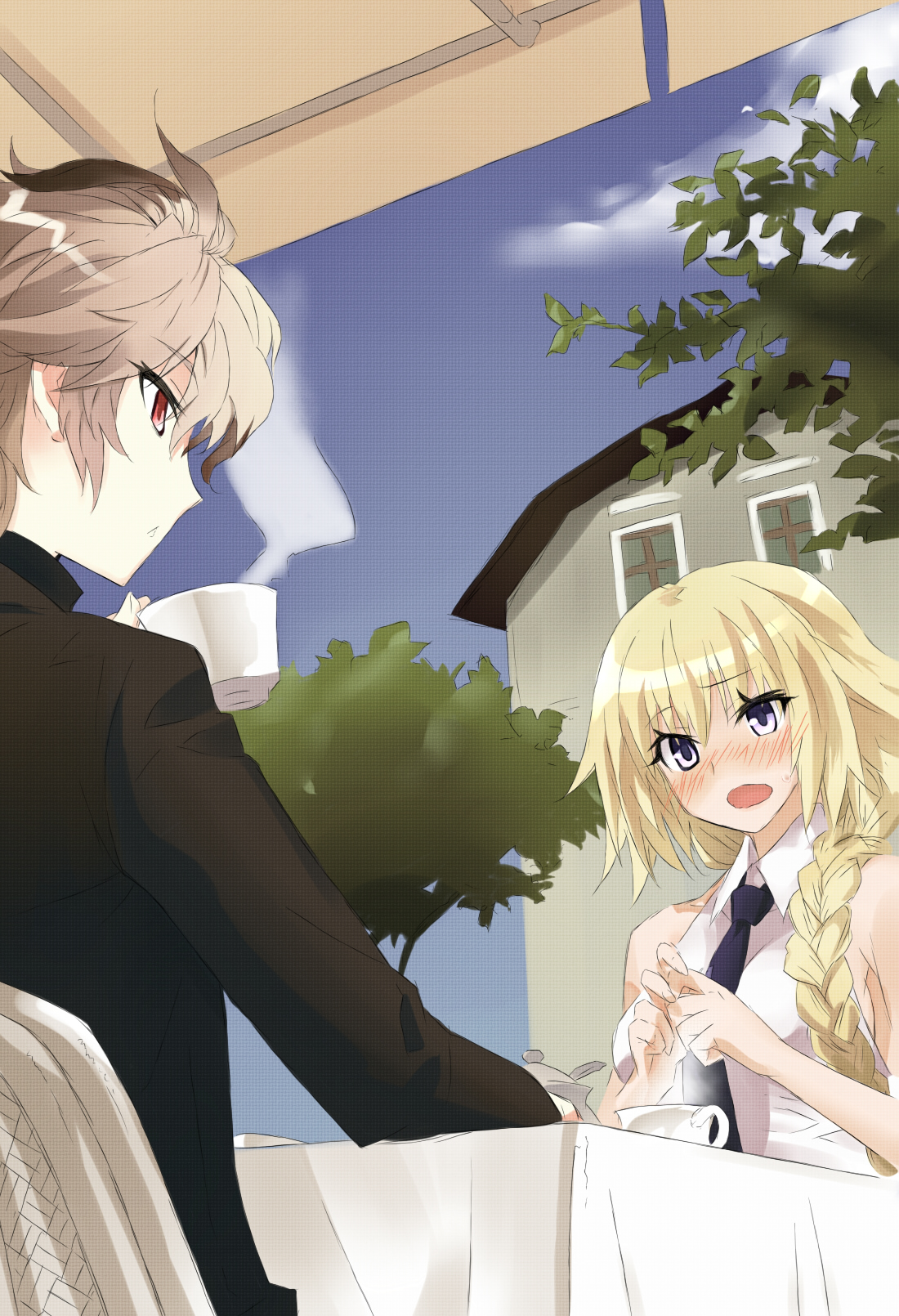 The Big ImageBoard (TBIB) - 1boy 1girl ahoge black shirt blonde hair ...