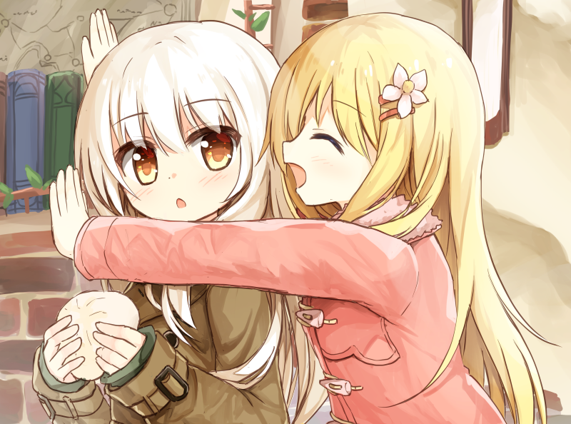 The Big ImageBoard (TBIB) - 2girls :d ^ ^ baozi blonde hair blush brick wall brown coat brown ...
