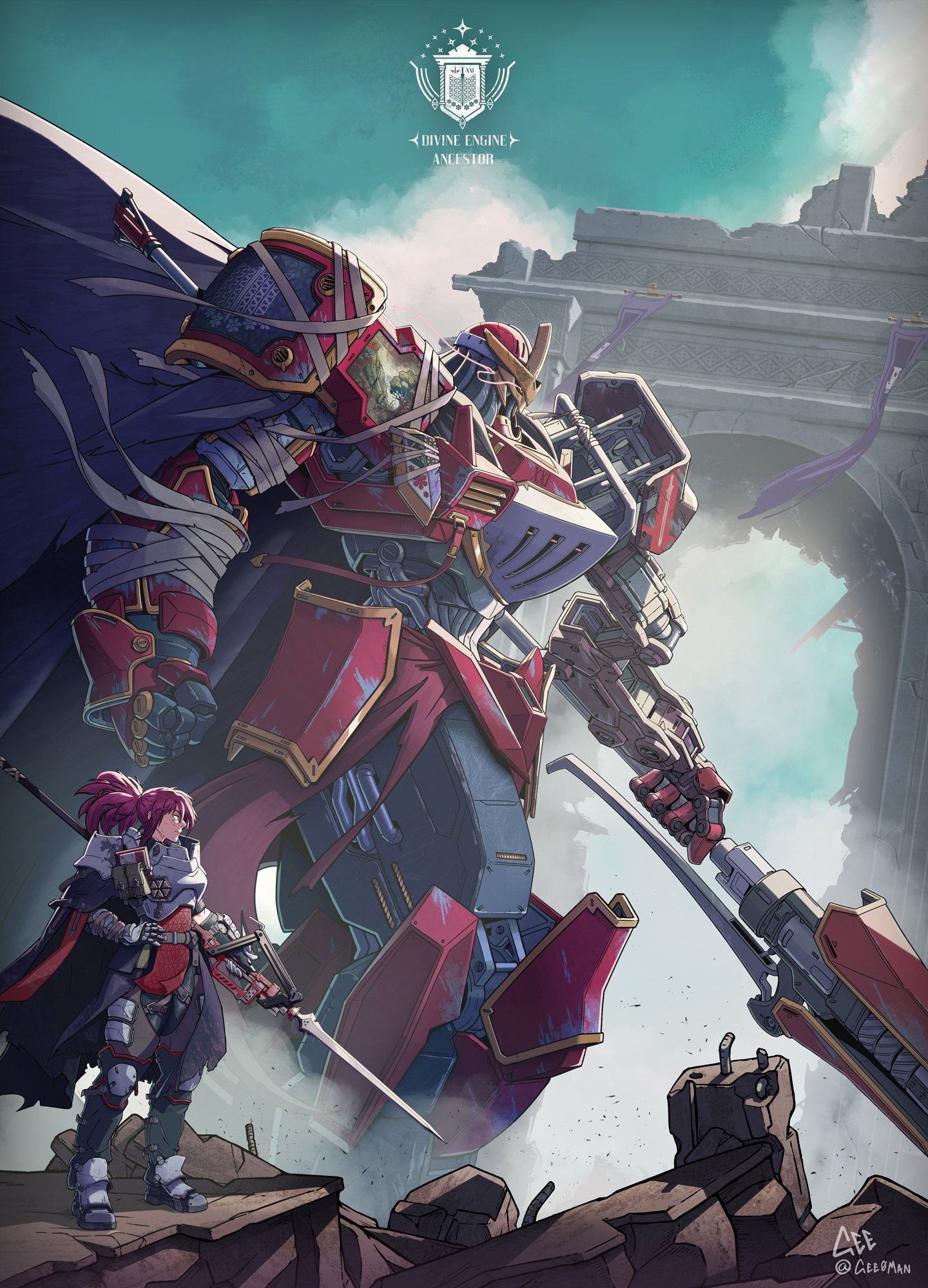 The Big ImageBoard (TBIB) - 1girl 1other armor armored boots asymmetrical arms bandaged arm ...