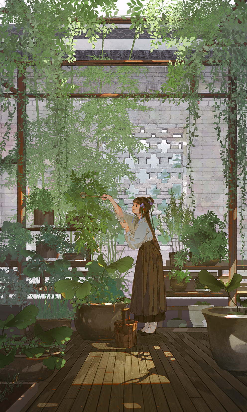 The Big ImageBoard (TBIB) - 1girl black eyes black footwear blunt bangs brick wall brown hair ...