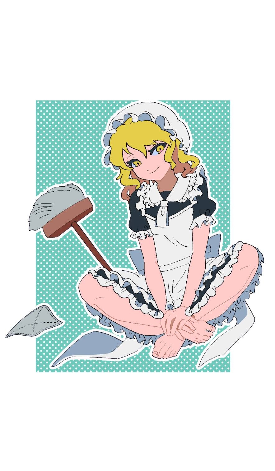 The Big ImageBoard (TBIB) - 1girl apron back bow bare legs barefoot black dress blonde hair blue ...