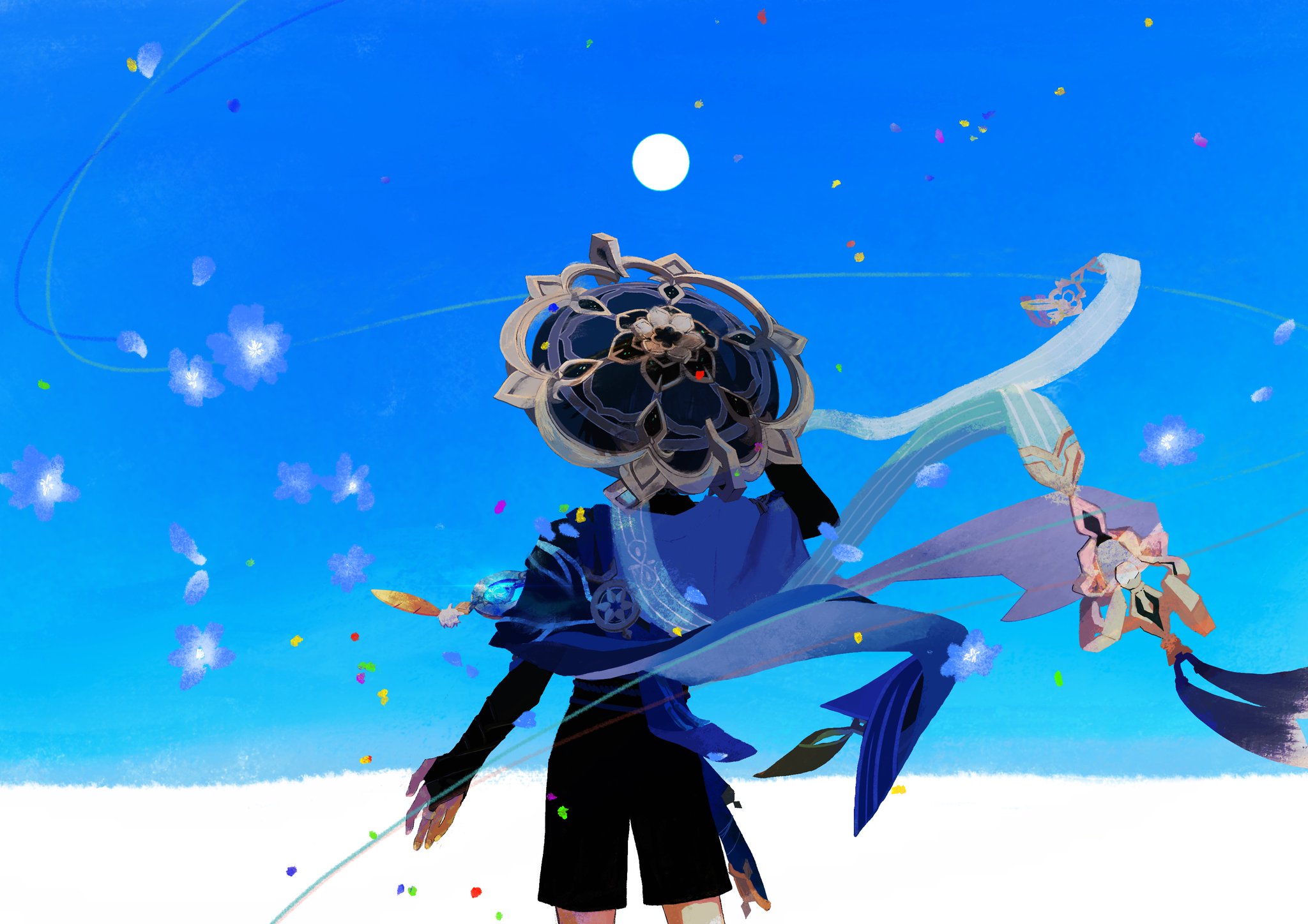 The Big ImageBoard (TBIB) - 1boy arm up blue cloak blue flower blue ...