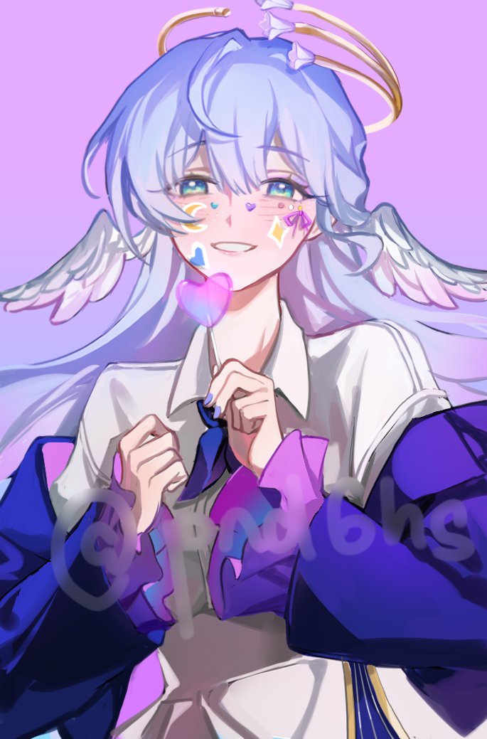 The Big ImageBoard (TBIB) - 1girl blue hair blue jacket blush candy collared shirt food hair ...