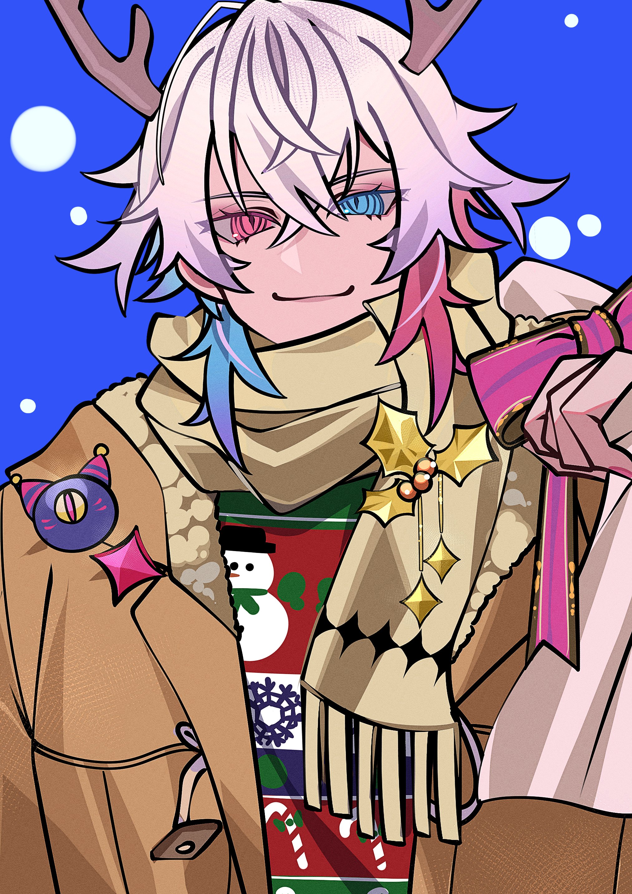 The Big ImageBoard (TBIB) - 1boy absurdres antlers blue background blue eyes blue hair brown ...