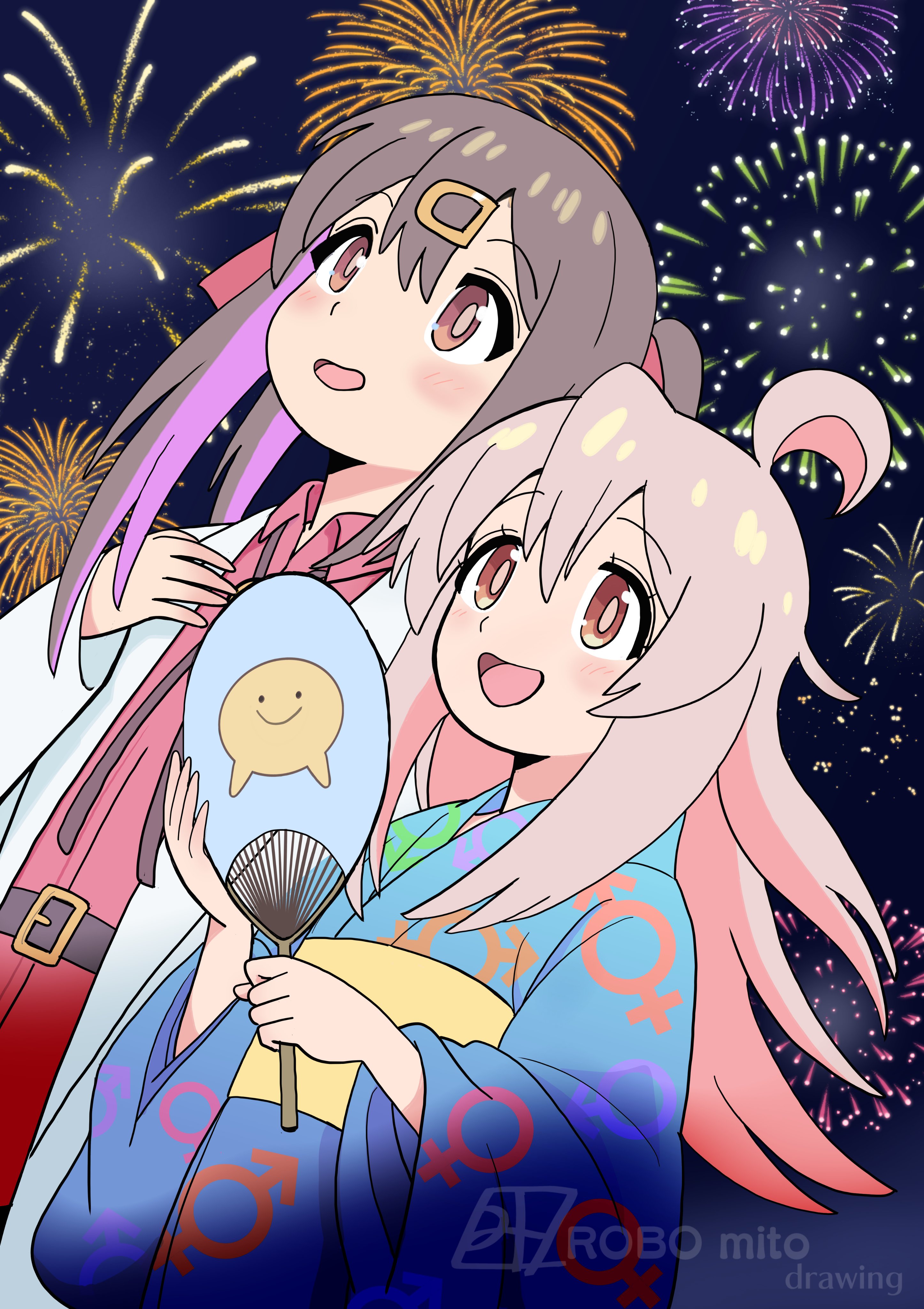 The Big ImageBoard (TBIB) - 2girls :d absurdres aerial fireworks ahoge artist name belt black ...