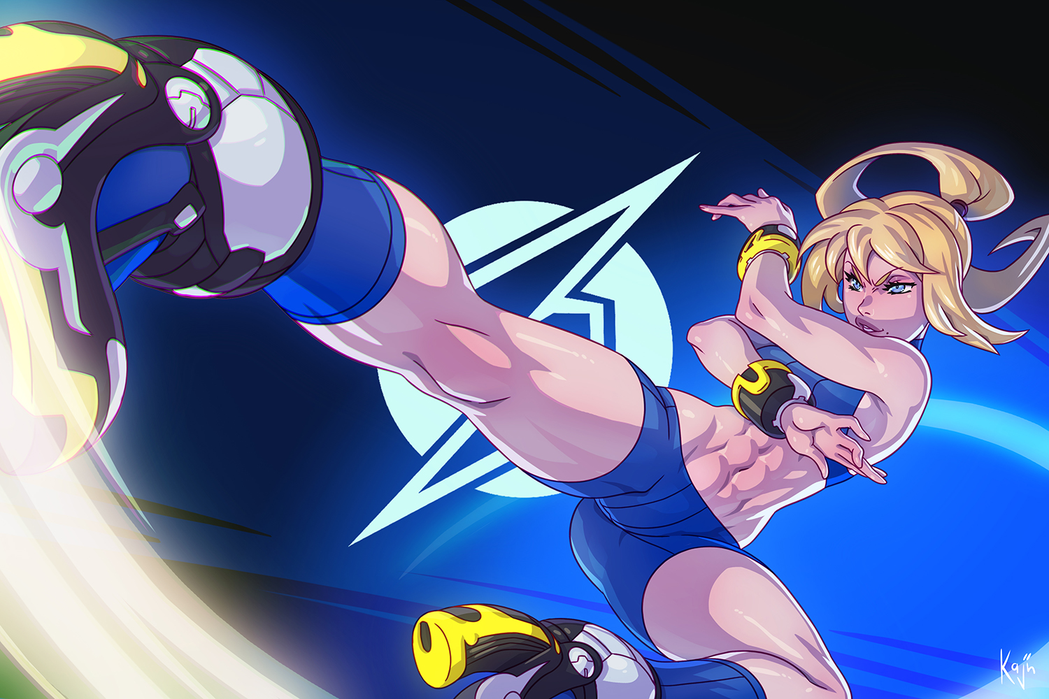 The Big ImageBoard (TBIB) - 1girl abs bike shorts blonde hair blue eyes clenched teeth ...