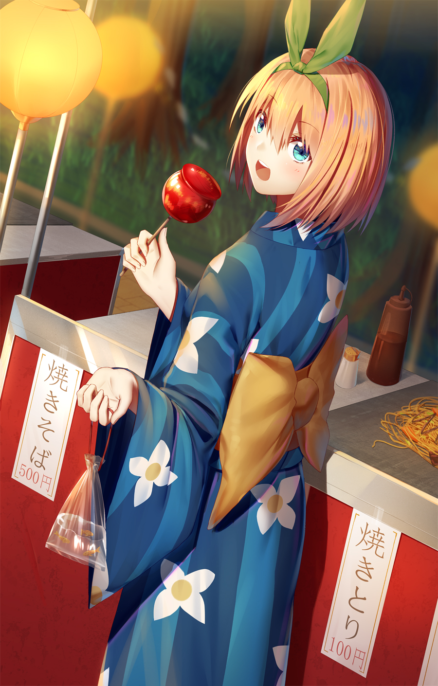 The Big ImageBoard (TBIB) - 1girl :d bag bagged fish blue eyes blue kimono blurry bow candy ...