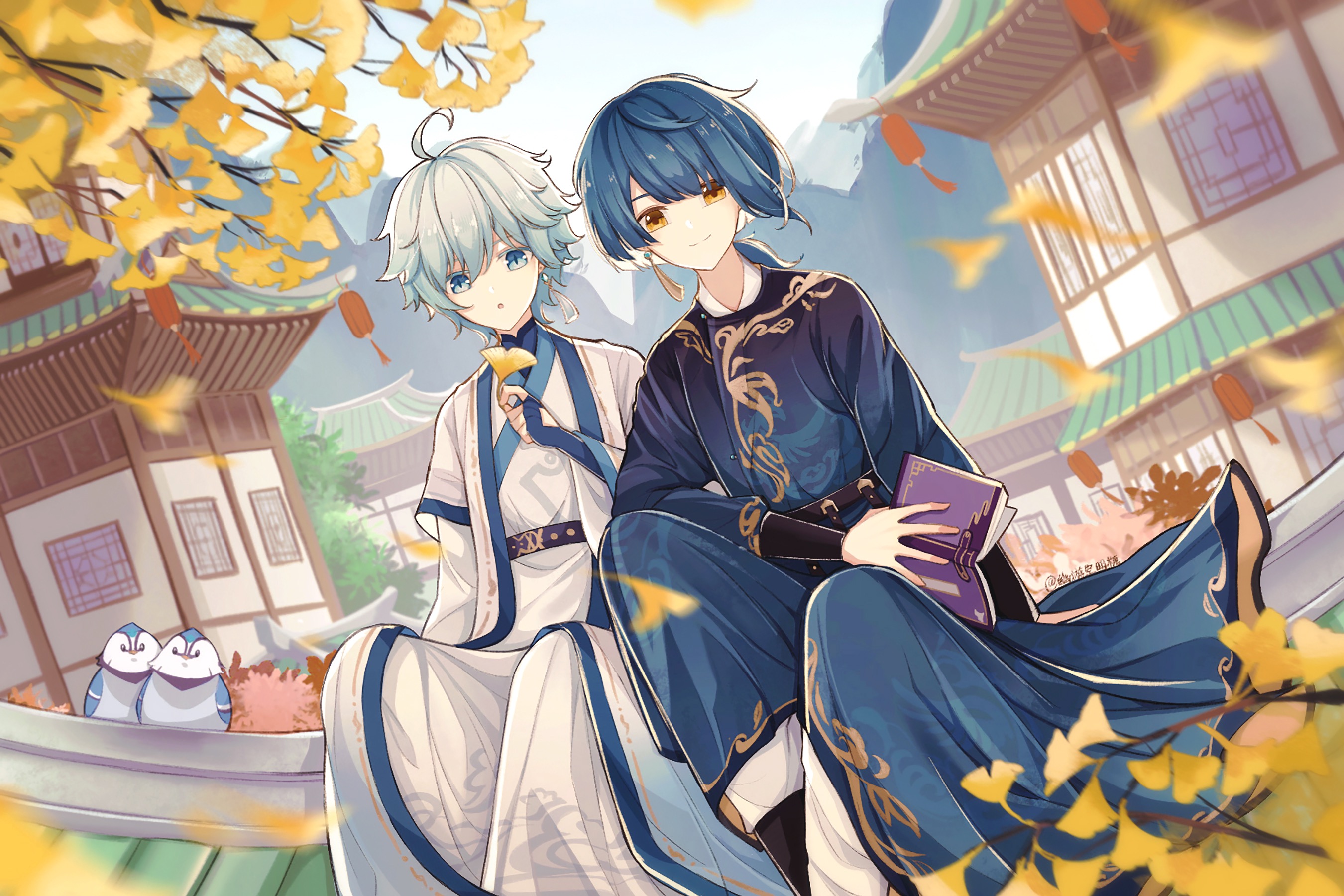 The Big ImageBoard (TBIB) - 2boys ahoge architecture bird blue eyes ...