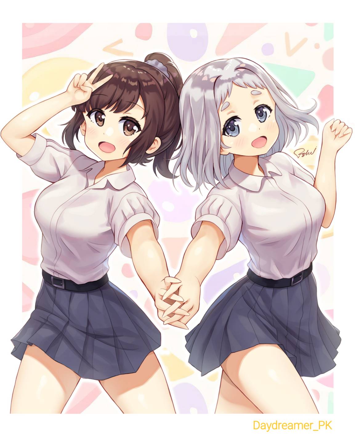 The Big ImageBoard (TBIB) - 2girls blue skirt breasts brown eyes brown hair daydreamer pk grey ...