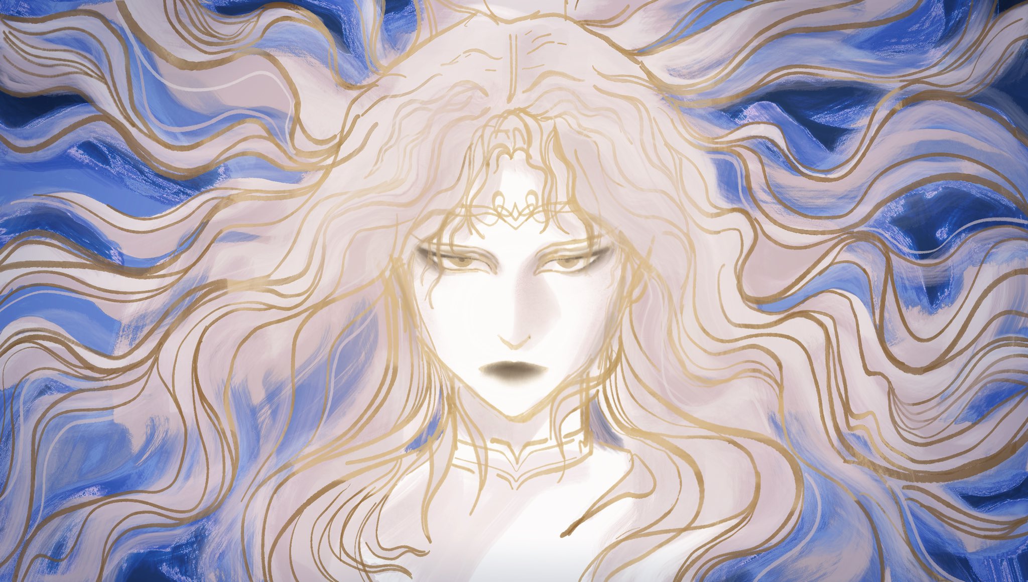 The Big ImageBoard (TBIB) - 1boy black lips blonde hair blue background circlet close-up ...