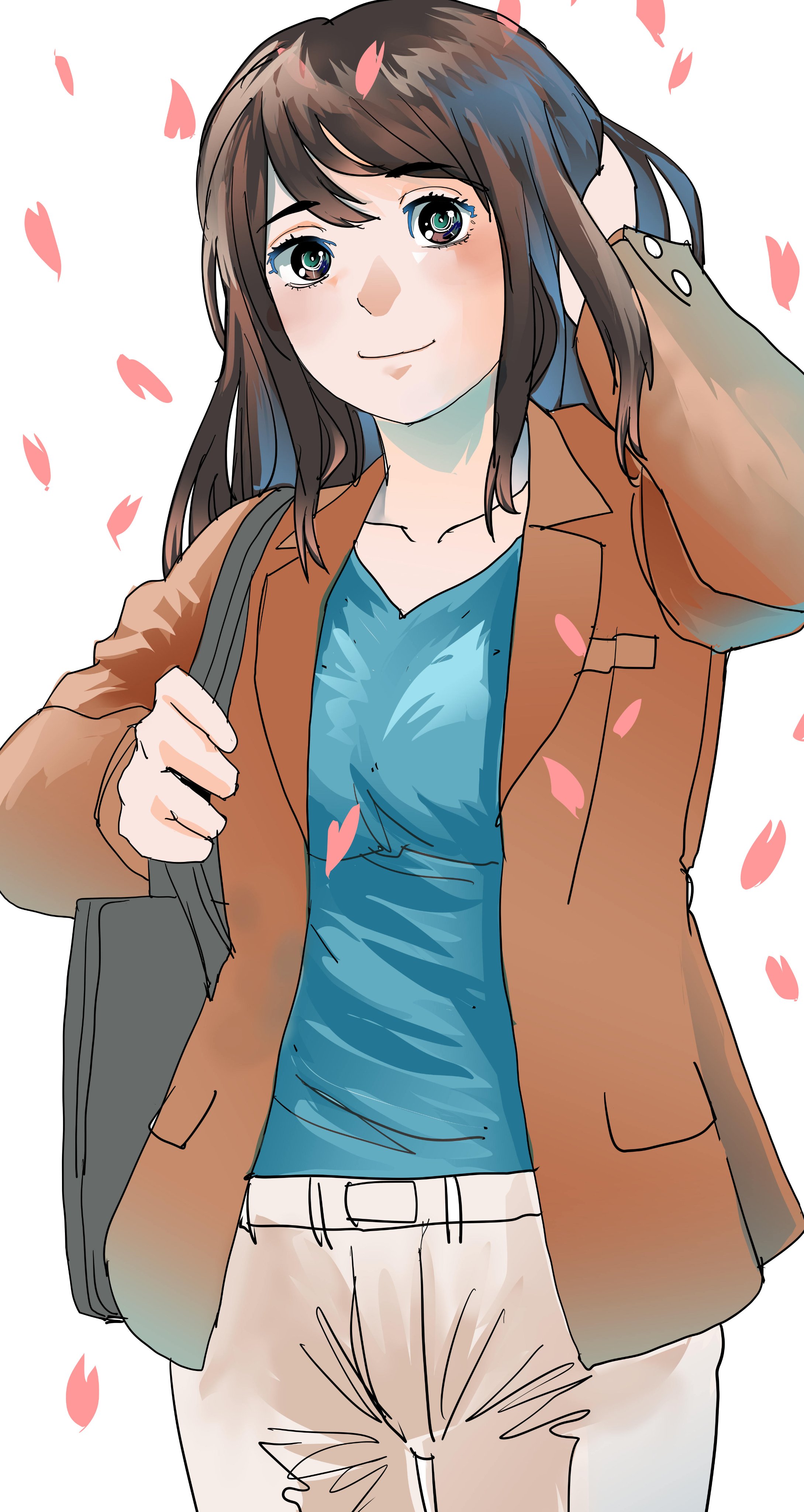 The Big ImageBoard (TBIB) - 1girl absurdres bag black bag blue shirt brown eyes brown hair brown ...