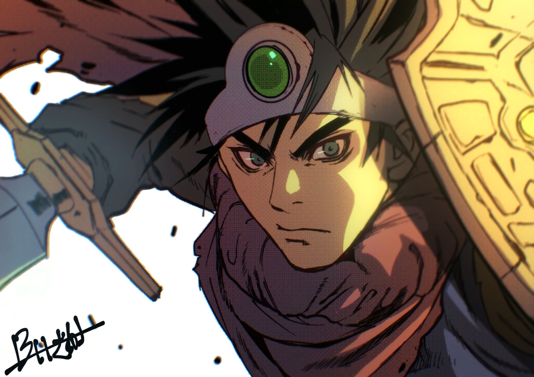 The Big ImageBoard (TBIB) - 1boy arm up black gloves blue tunic brown ...