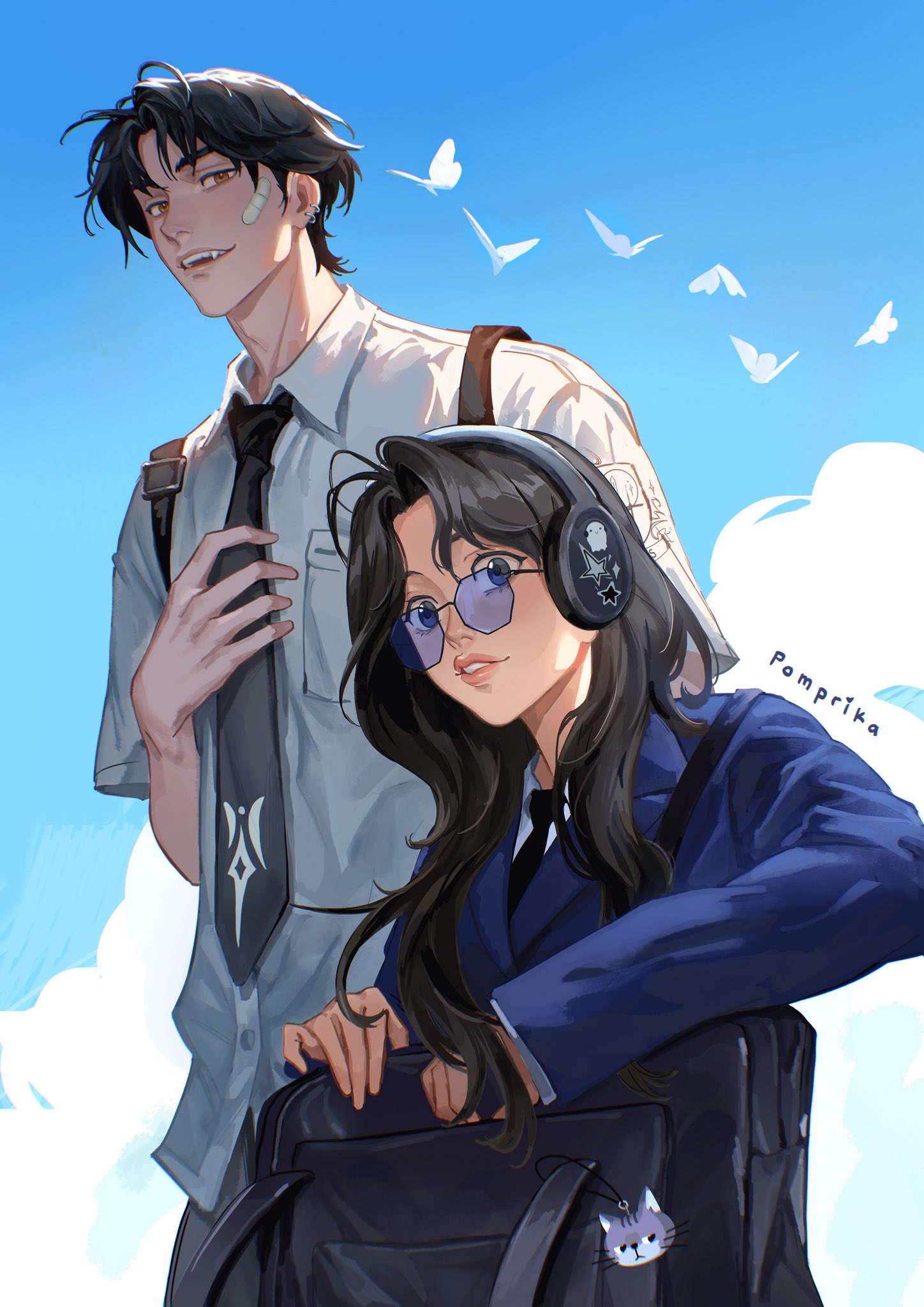 The Big ImageBoard (TBIB) - 1boy 1girl artist name bag bandaid bandaid on cheek bandaid on face ...