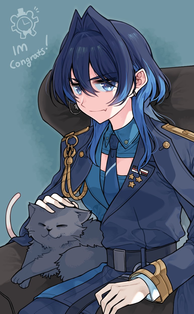 The Big ImageBoard (TBIB) - 1girl black cat blue eyes blue hair cat chair cleavage cutout clipe ...