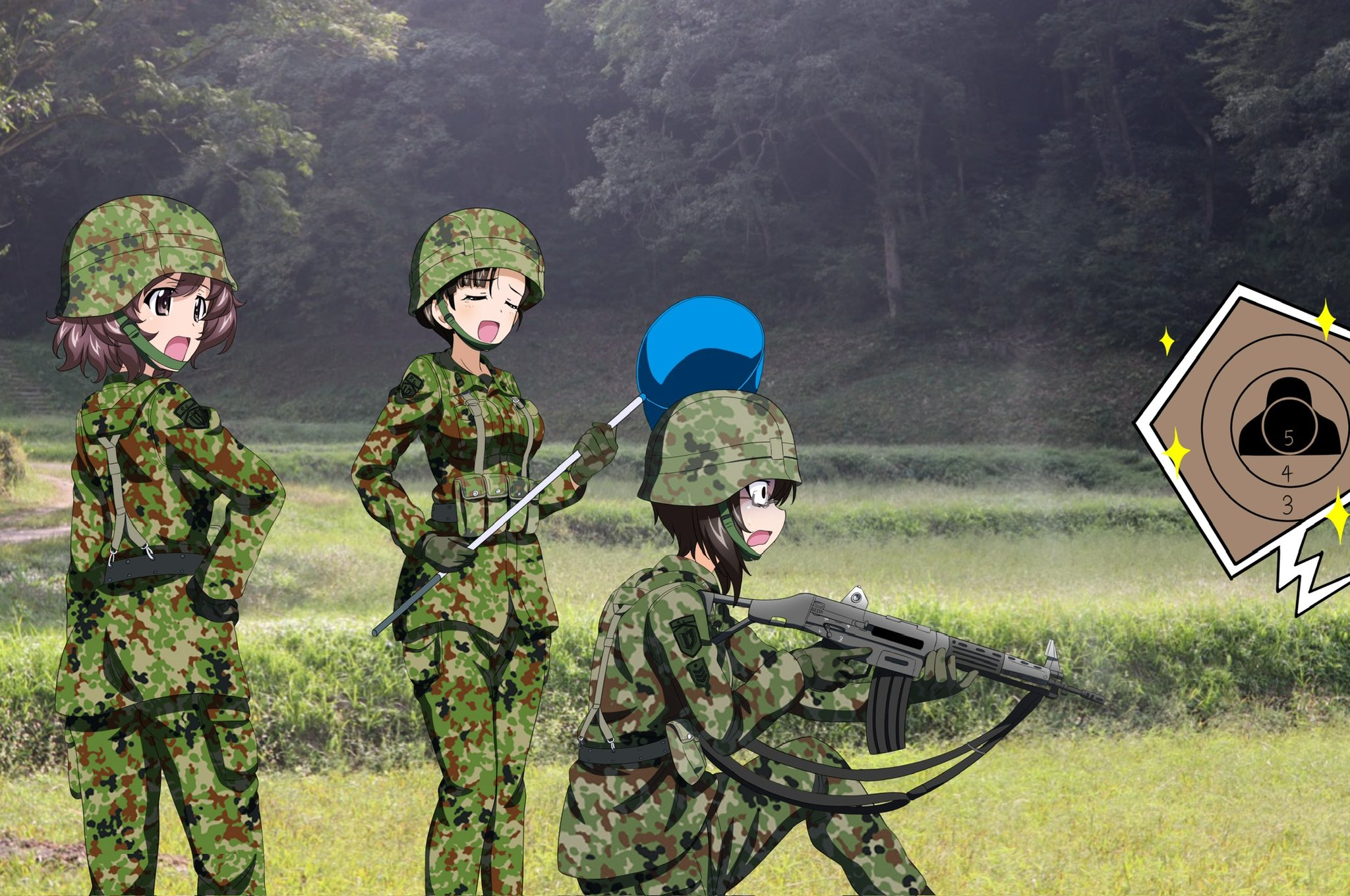 The Big ImageBoard (TBIB) - 3girls akiyama yukari black hair brown eyes brown hair camouflage ...