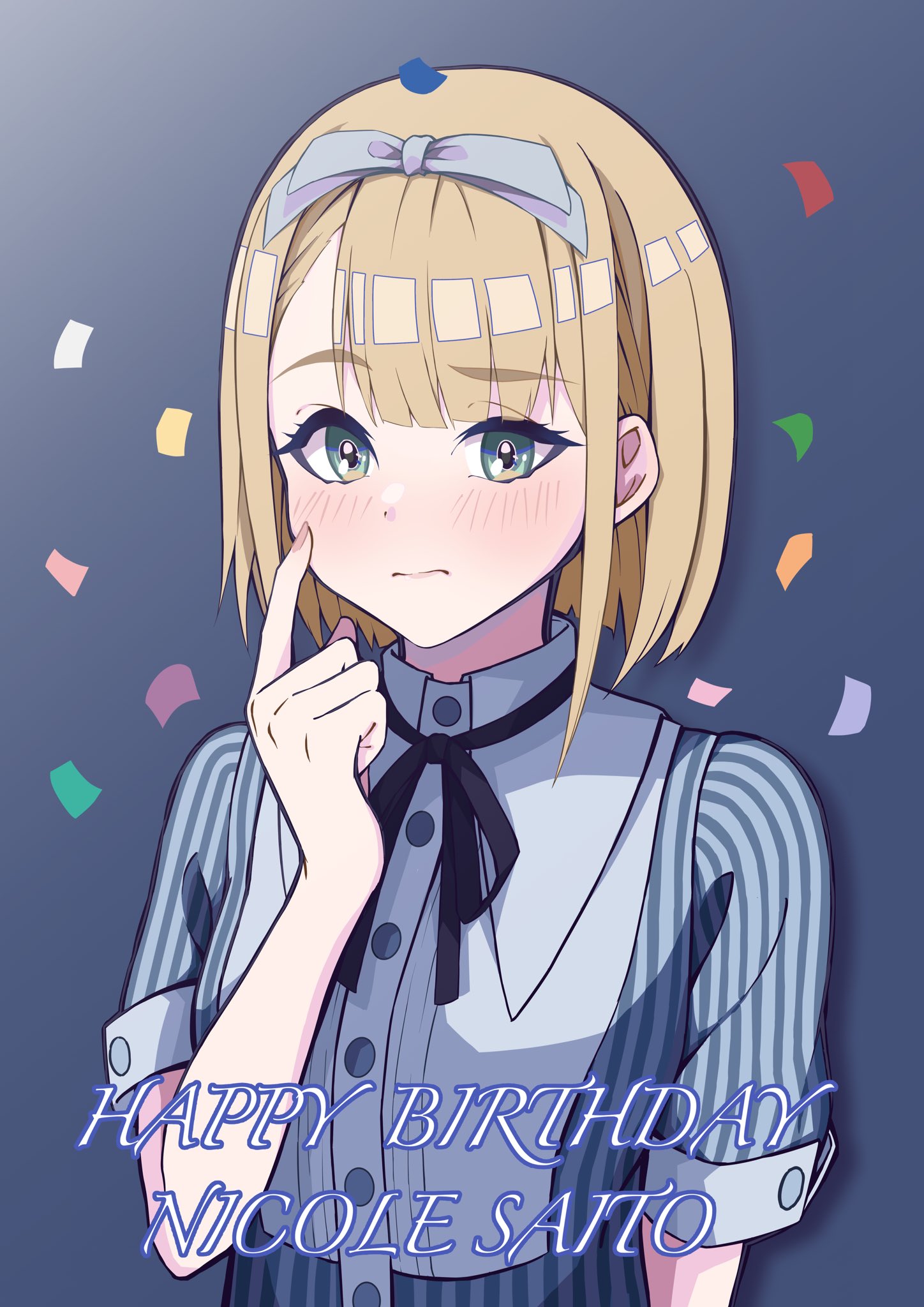 The Big ImageBoard (TBIB) - 1girl 22/7 asymmetrical bangs blonde hair blue background blue bow ...
