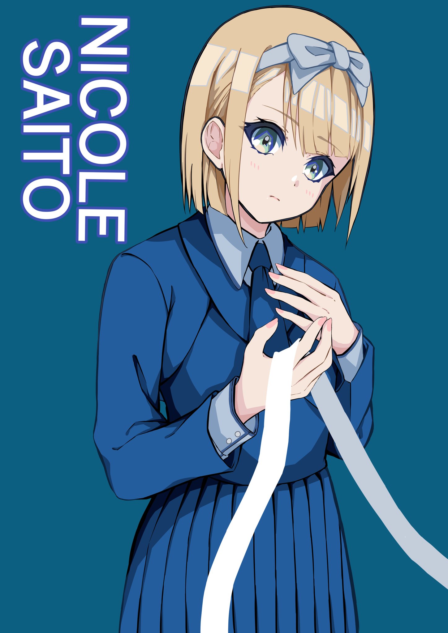 The Big ImageBoard (TBIB) - 1girl 22/7 asymmetrical bangs blonde hair blue background blue bow ...