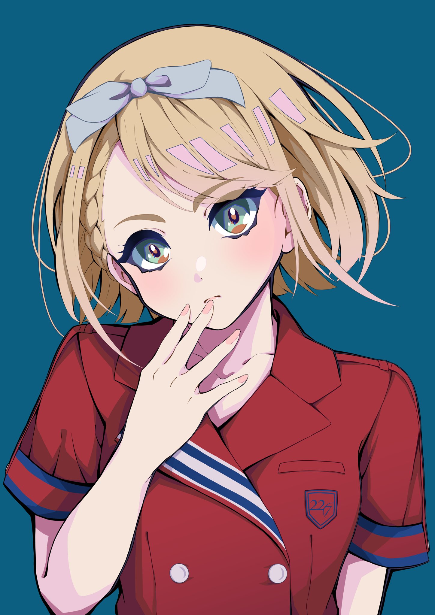 The Big ImageBoard (TBIB) - 1girl 22/7 asymmetrical bangs blonde hair blue background blue bow ...