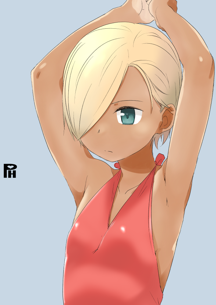The Big Imageboard Tbib 1girl Armpits Arms Up Blonde Hair Dark Skin