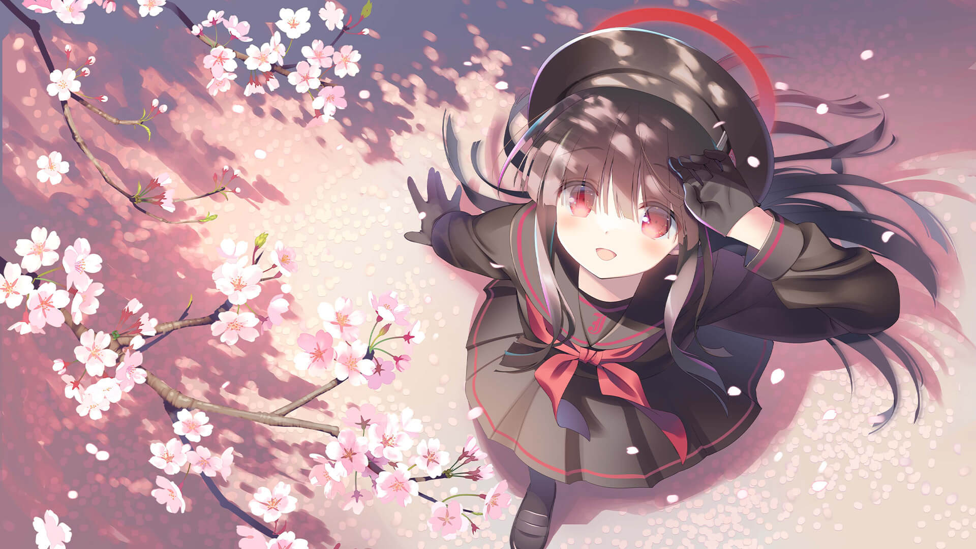 The Big ImageBoard (TBIB) - 1girl :d arm at side arm up beret black gloves black hair black hat ...