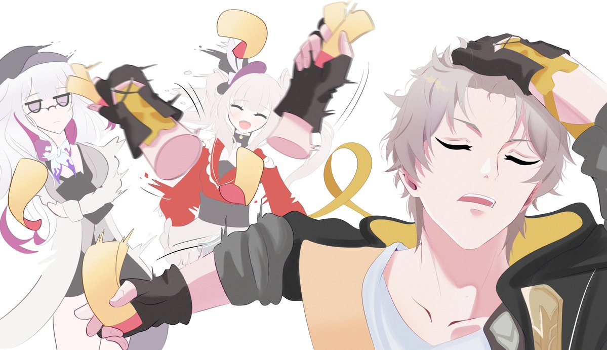 The Big ImageBoard (TBIB) - 1boy 2girls arm up bare shoulders belt ...