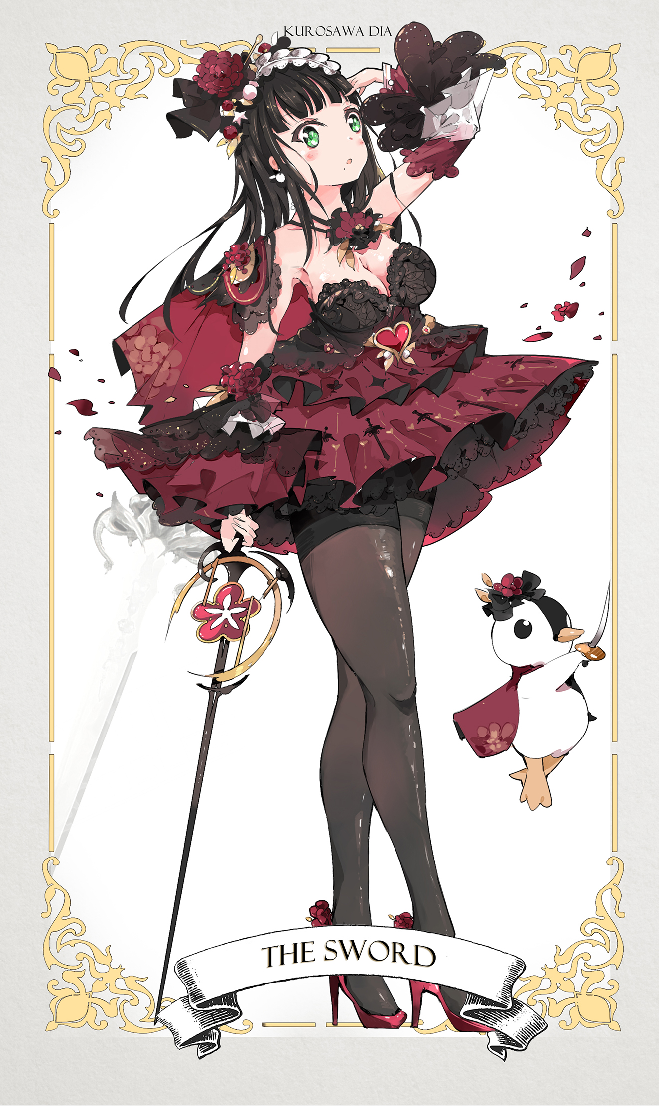 The Big ImageBoard (TBIB) - 1girl :o arm up bird black hair black pantyhose blush border breasts ...