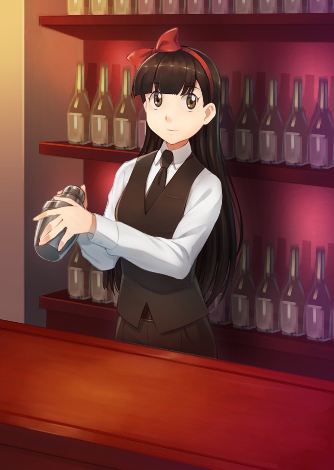 The Big ImageBoard (TBIB) - 1girl bar (place) bartender black hair black necktie black vest ...