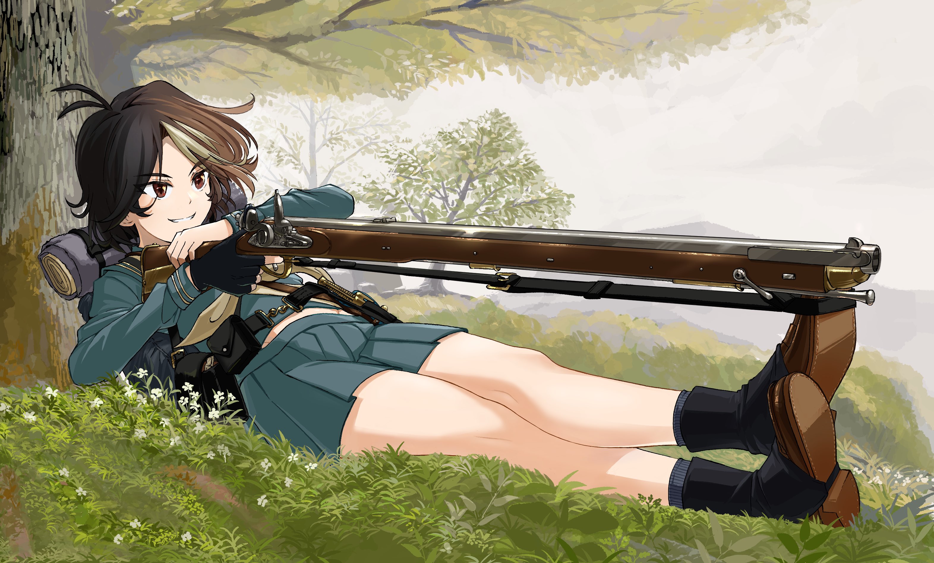 The Big ImageBoard (TBIB) - 1girl against tree aiming ammunition pouch antenna hair antique ...