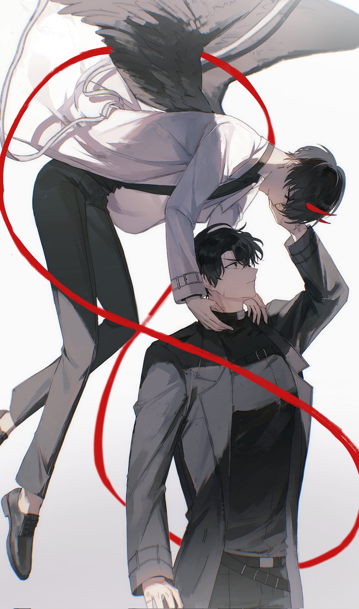 The Big ImageBoard (TBIB) - 2boys belt black belt black coat black hair black pants black wings ...