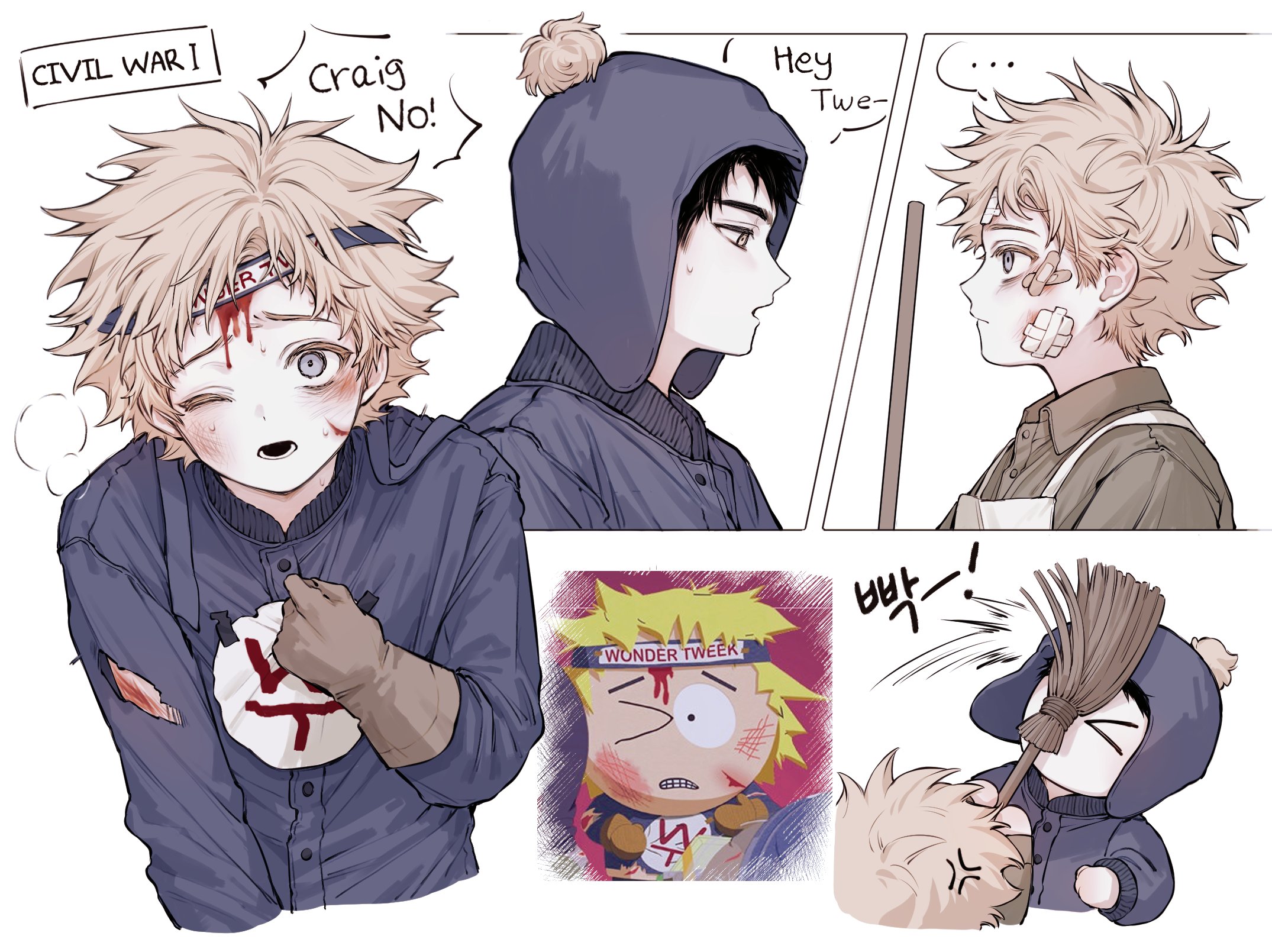 The Big ImageBoard (TBIB) - 0o0 w o0 2boys animification beanie black hair blonde hair blood ...