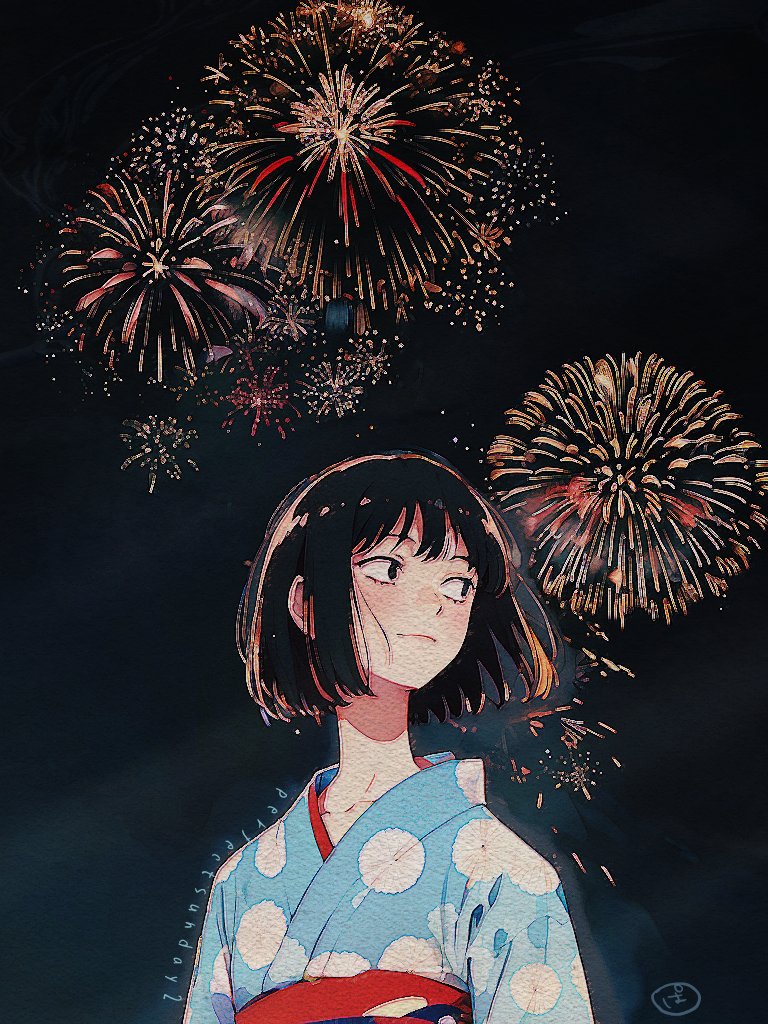 The Big ImageBoard (TBIB) - 1girl aerial fireworks black eyes black hair blue kimono blunt bangs ...