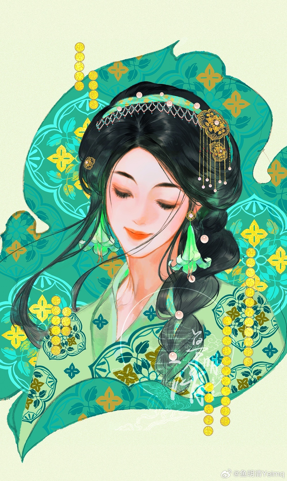 The Big ImageBoard (TBIB) - aqua hair aqua theme beaded hair ornament black hair chinese clothes ...