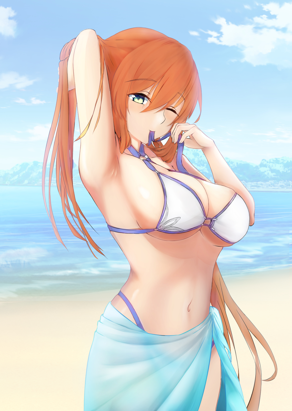 The Big ImageBoard (TBIB) - 1girl alternate costume armpits beach bikini blue sarong blue sky ...