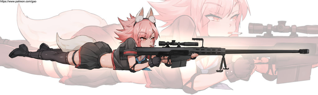 The Big ImageBoard (TBIB) - 1girl aiming animal ears anti-materiel rifle black footwear black ...