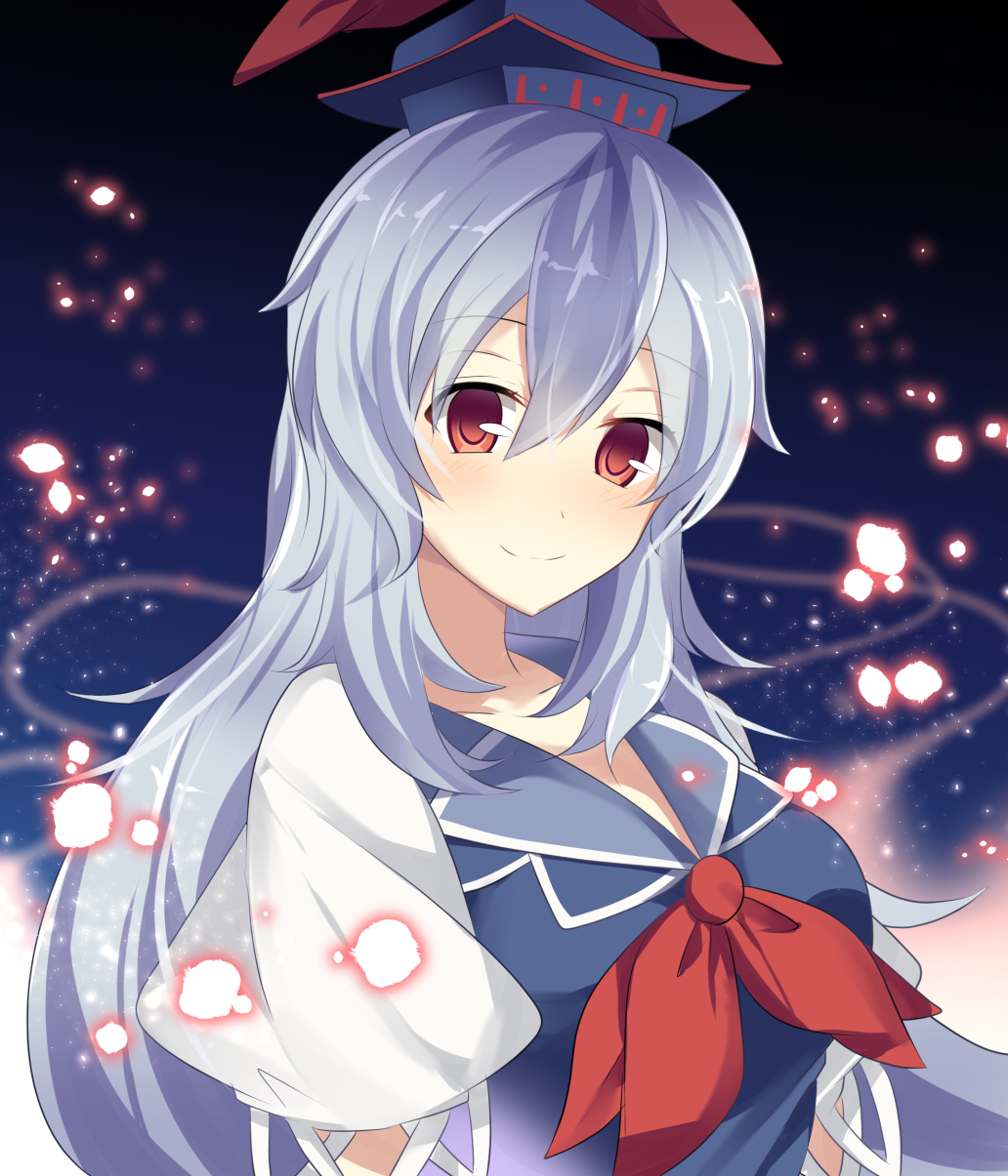 The Big ImageBoard (TBIB) - 1girl blue background blue hair blush commentary request dress hat ...