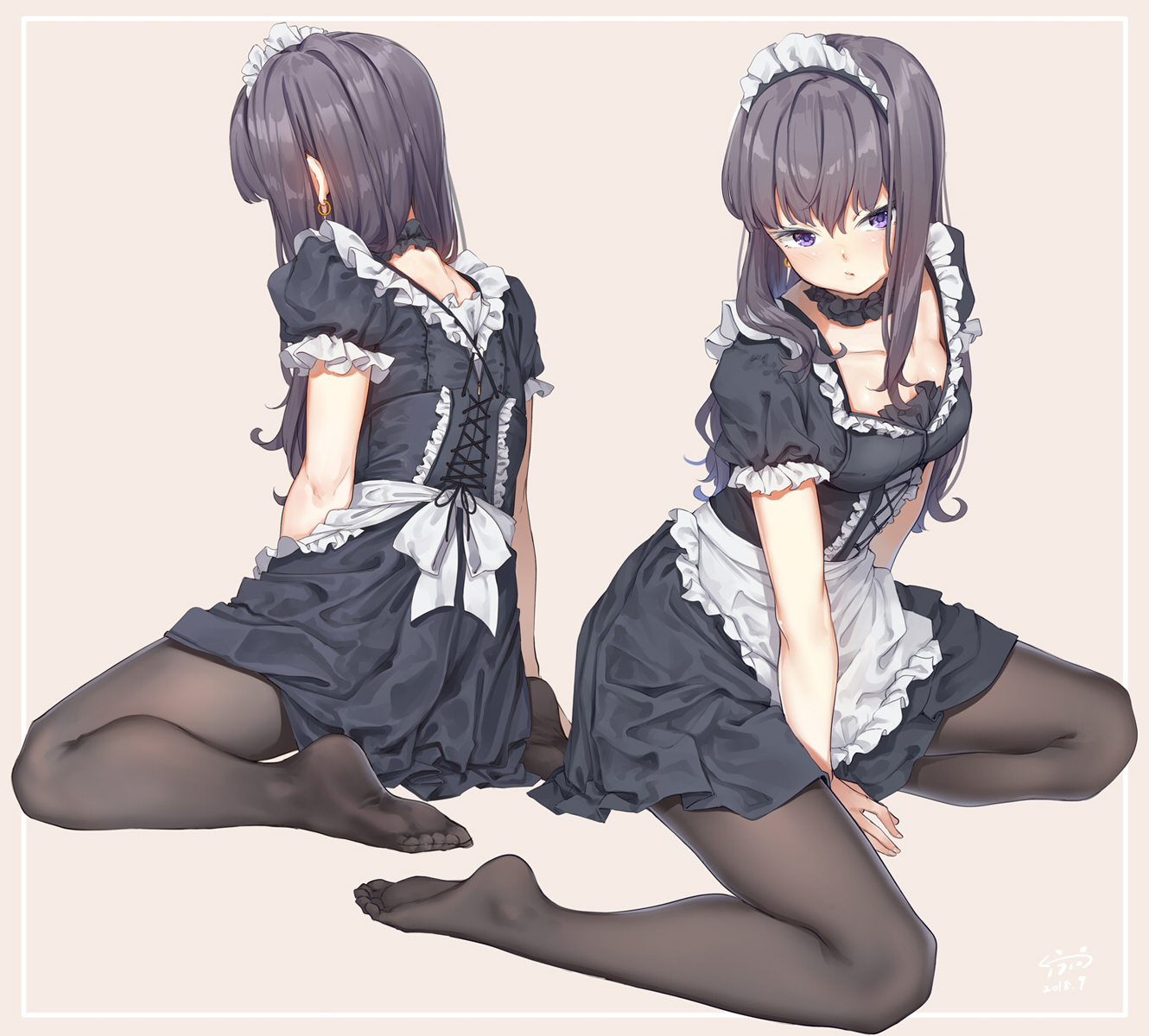 The Big ImageBoard (TBIB) - 1girl apron arm at side between legs black dress black hair black ...