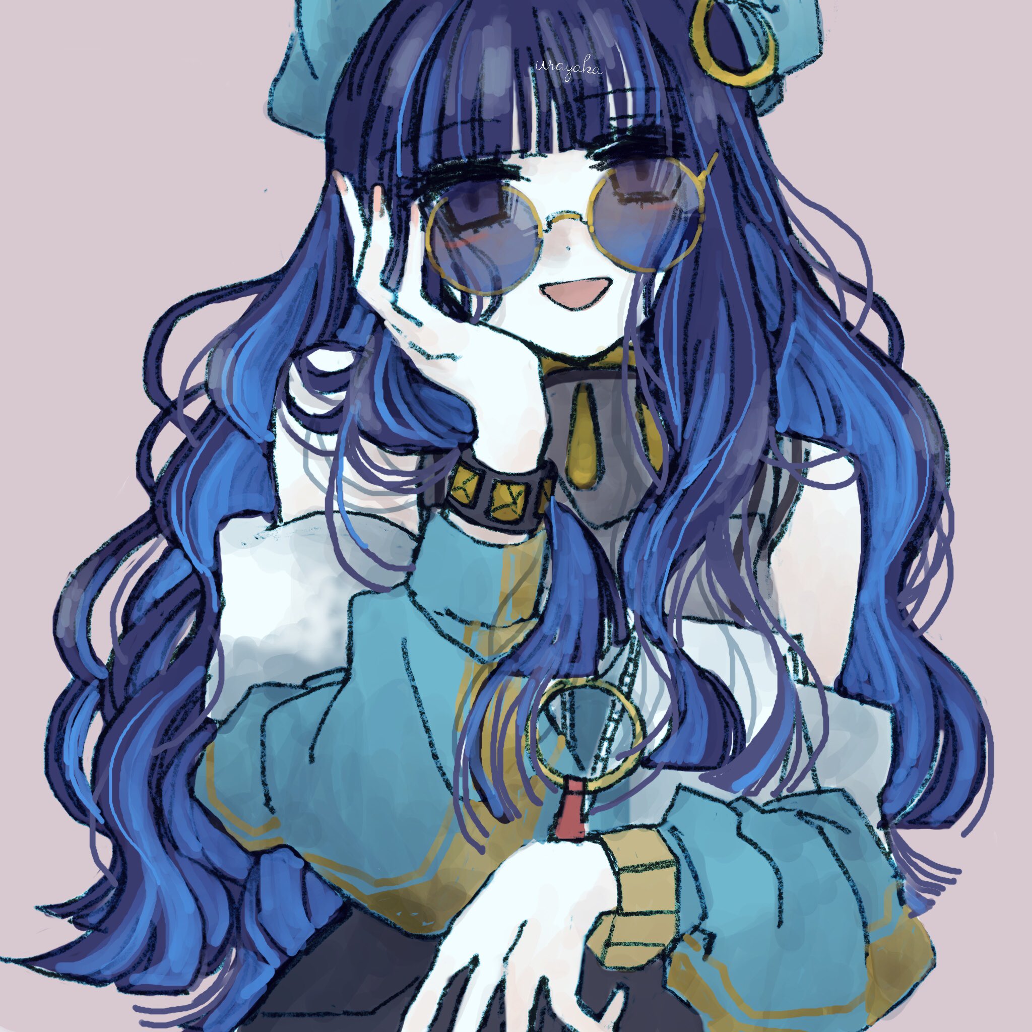 The Big ImageBoard (TBIB) - 1girl :d bare shoulders beret black hair blue-tinted eyewear blue ...