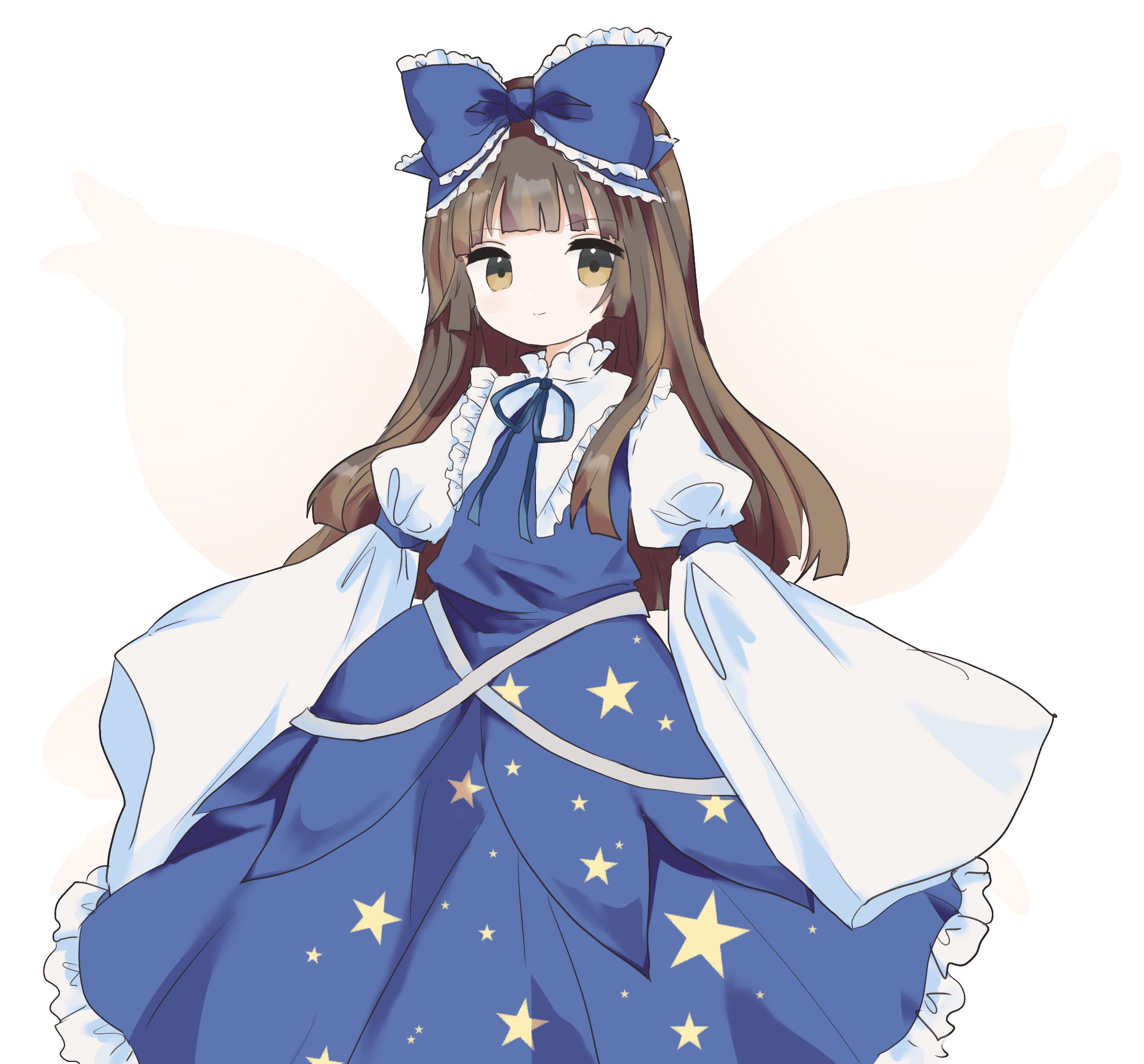 The Big ImageBoard (TBIB) - 1girl blue bow blue dress blunt bangs bow brown eyes brown hair ...