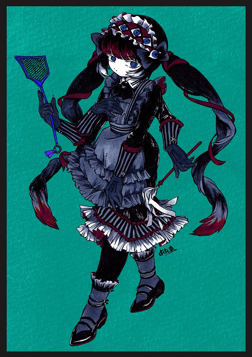 The Big ImageBoard (TBIB) - 1girl :/ @ @ apron aqua background black apron black bow black ...