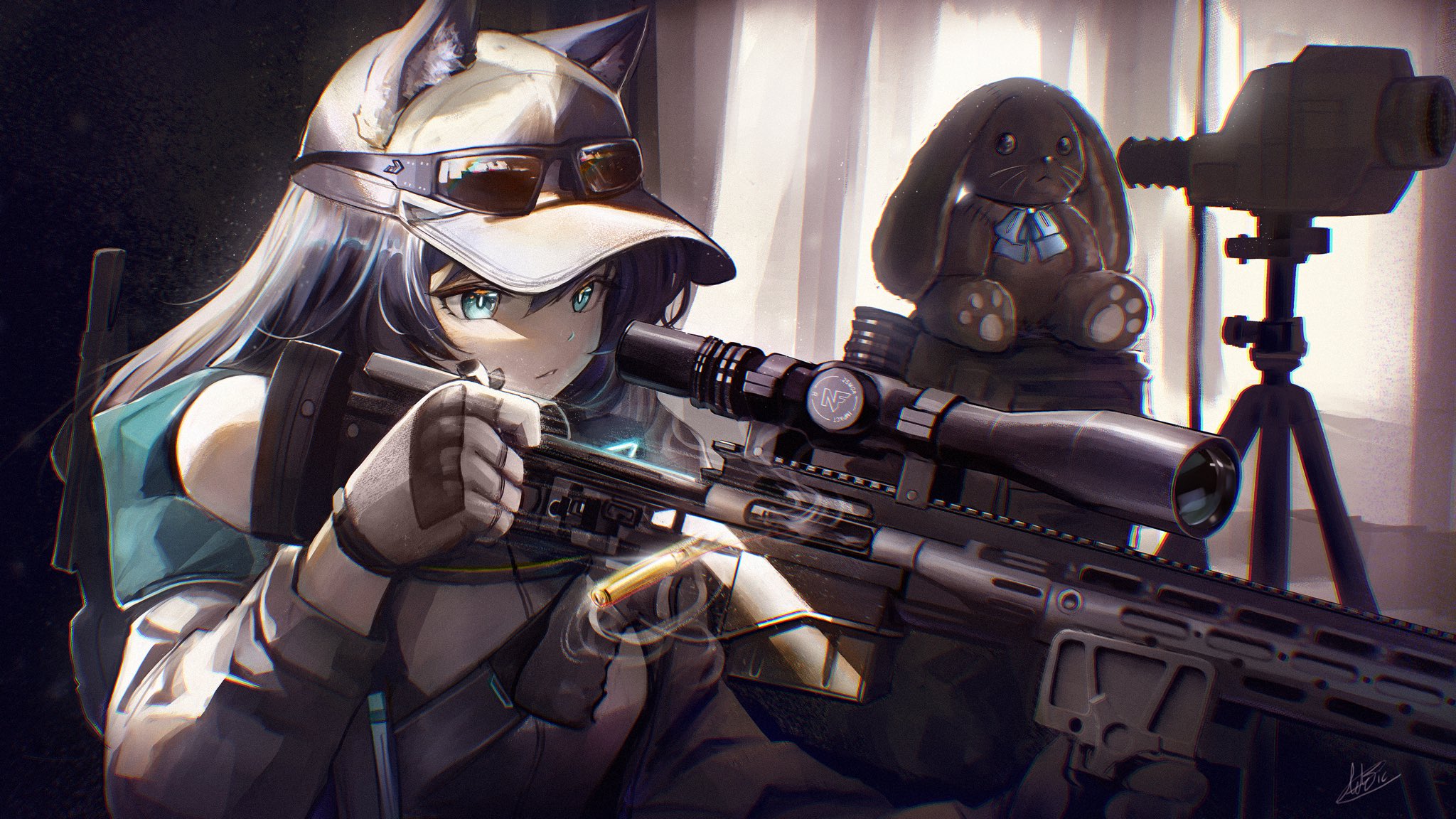 The Big ImageBoard (TBIB) - 1girl animal ears anti-materiel rifle arktic baseball cap black hair ...
