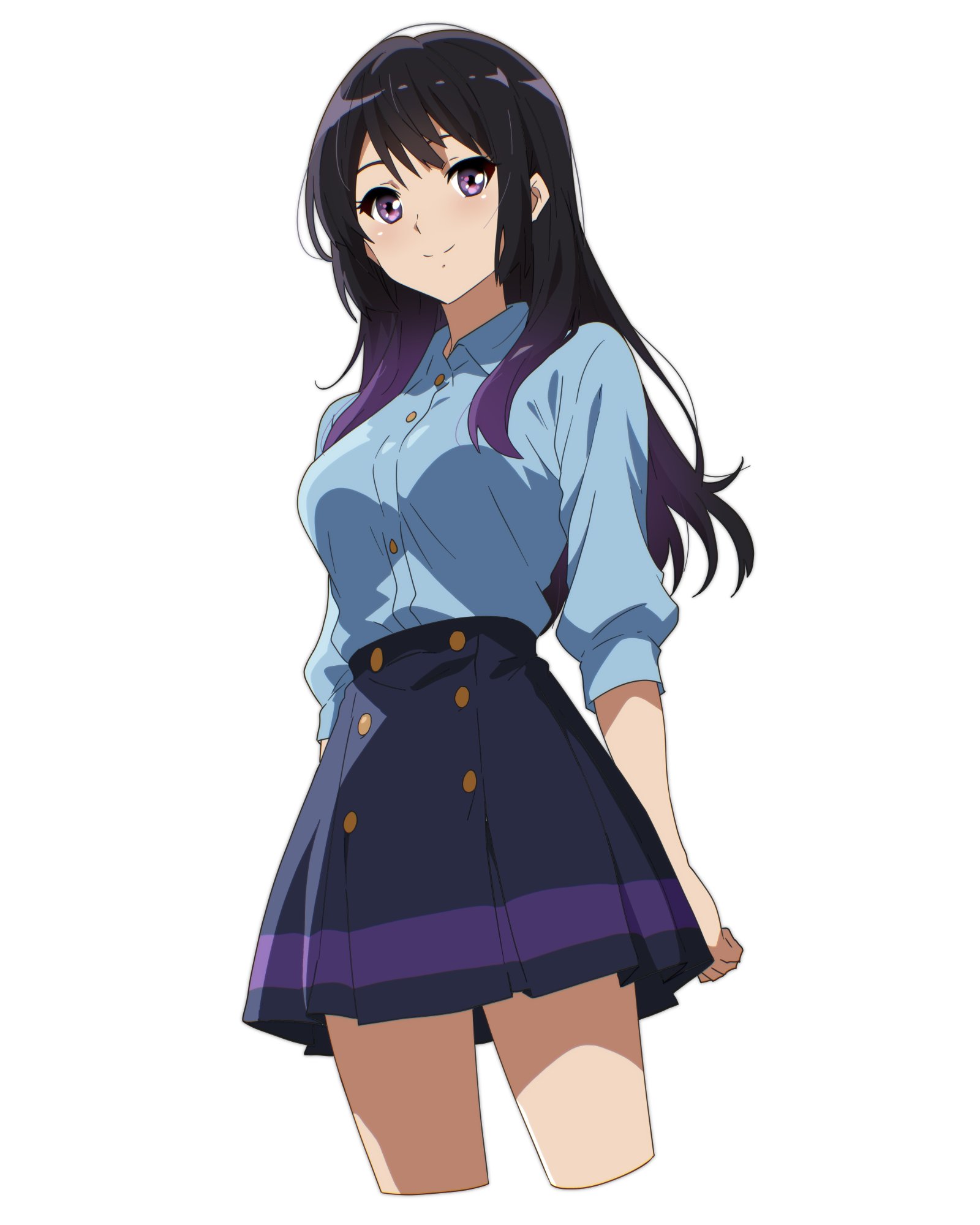The Big ImageBoard (TBIB) - 1girl black hair black skirt blue shirt breasts closed mouth ...