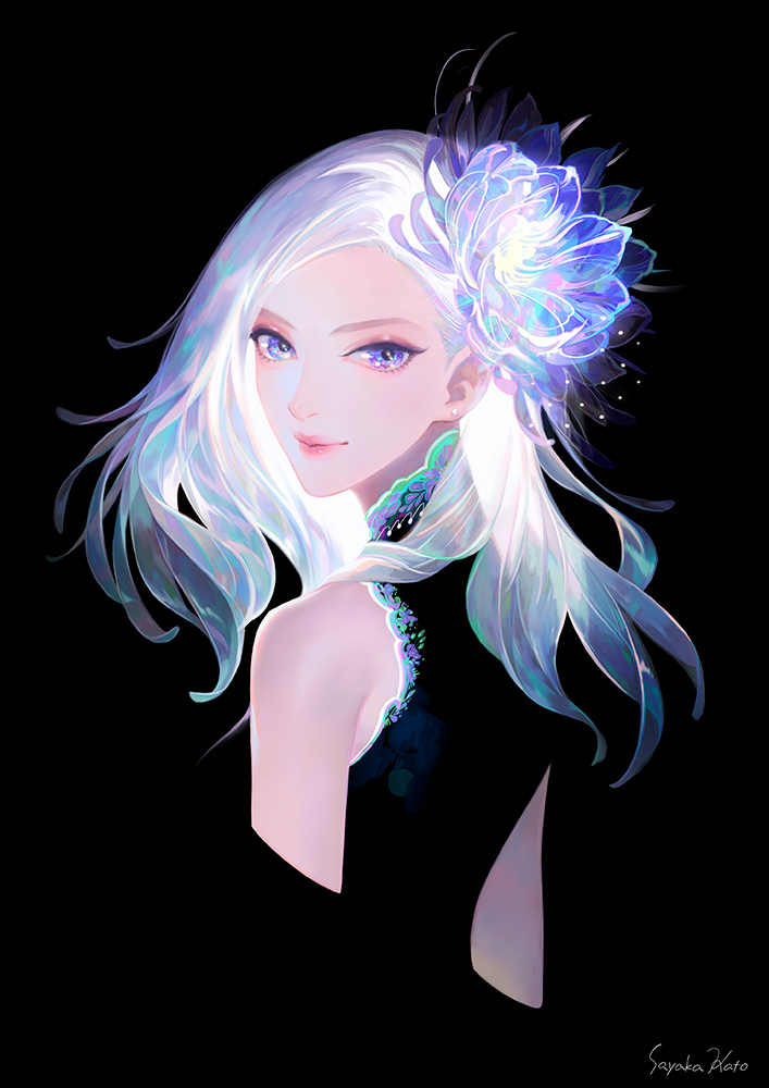 The Big ImageBoard (TBIB) - 1girl artist name black background black shirt blue eyes blue flower ...