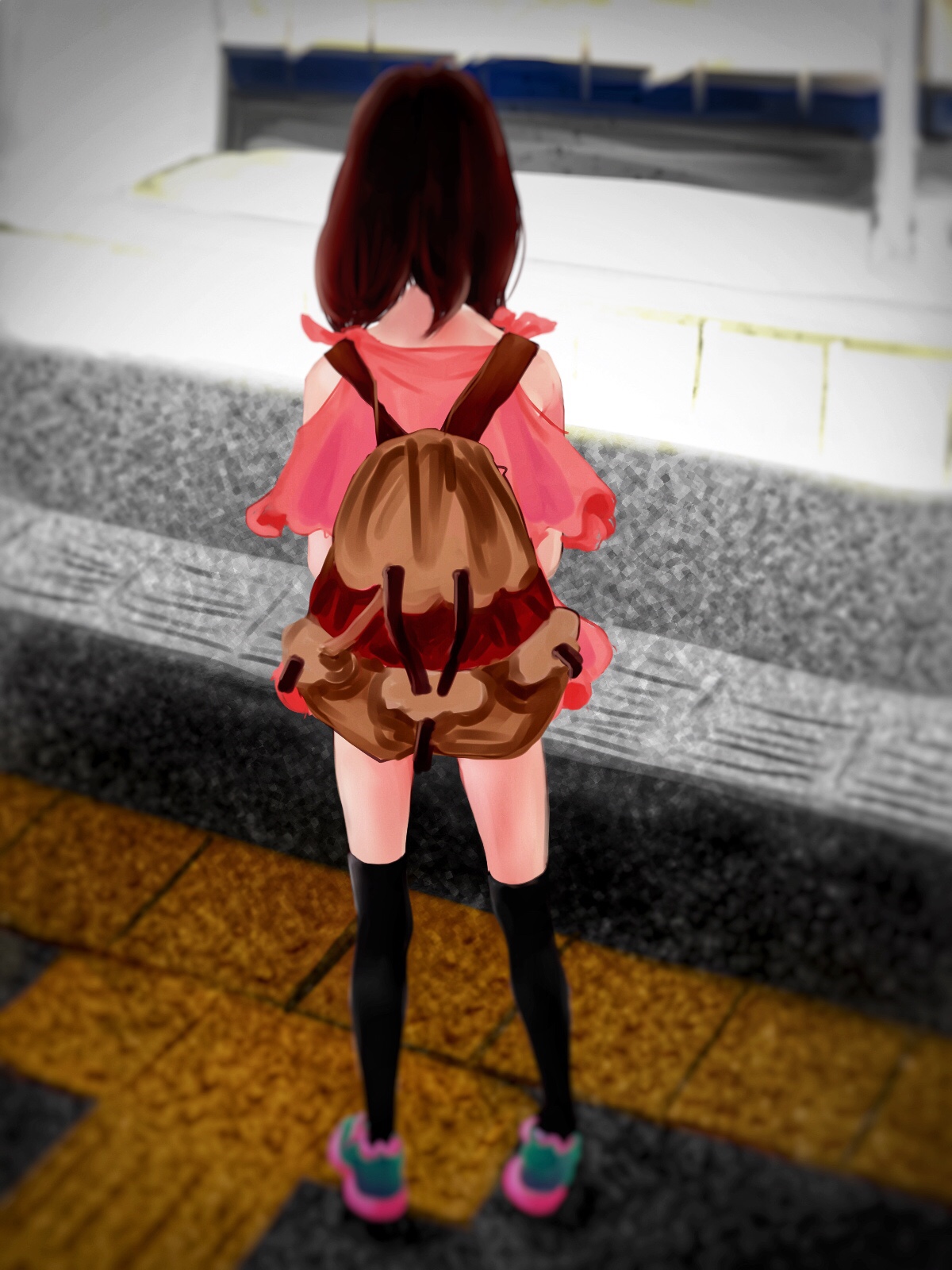 The Big Imageboard Tbib 1girl Backpack Bag Black Socks Brown Hair