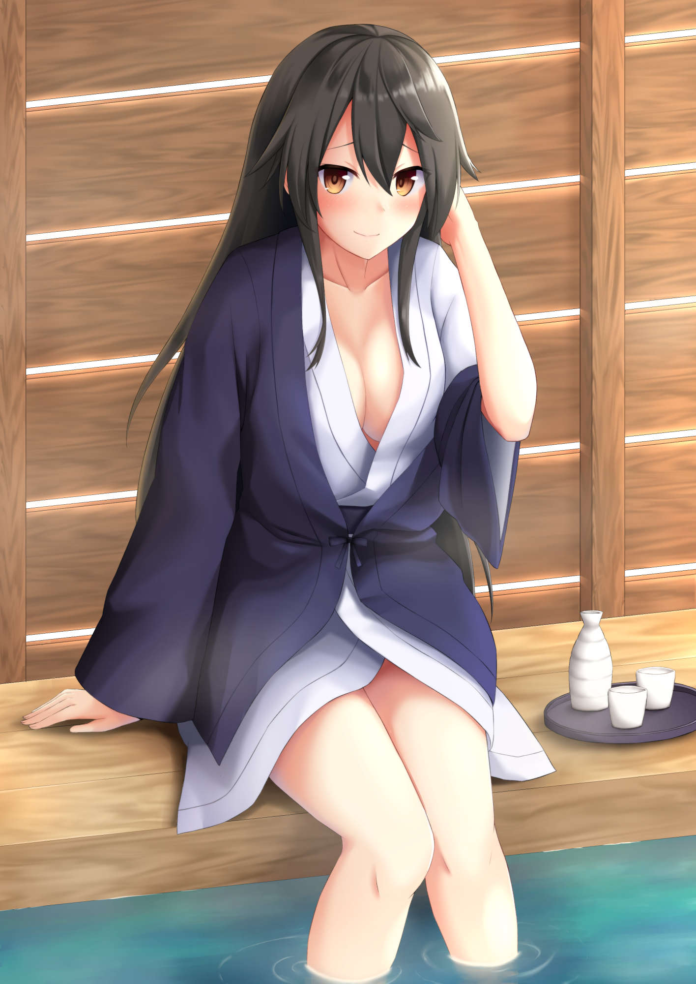 The Big ImageBoard (TBIB) - 1girl akahi242 alcohol alternate costume black hair breasts brown ...