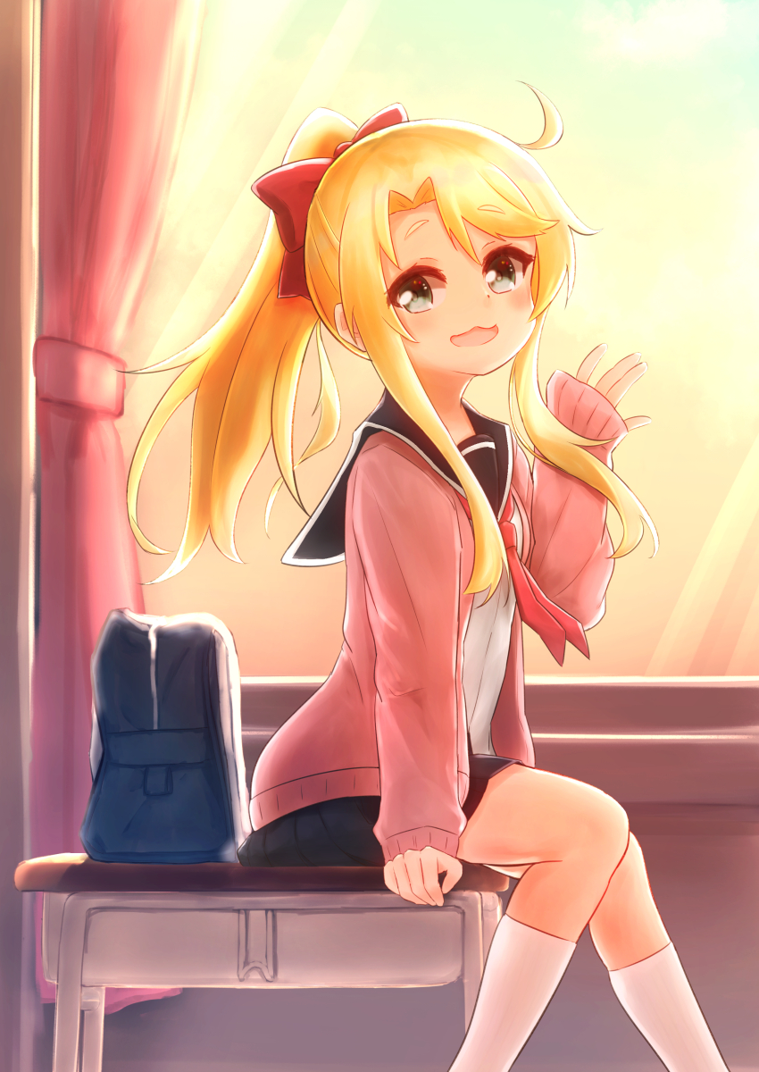 The Big Imageboard Tbib 1girl Arm Up Blonde Hair Cardigan Centi