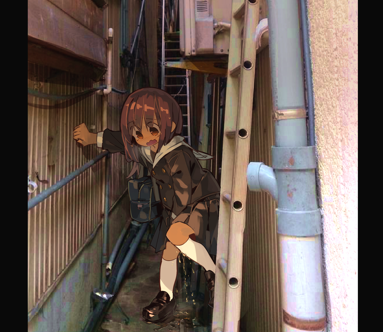 The Big Imageboard Tbib 1girl Alley Arm Up Bag Bangs Between Legs